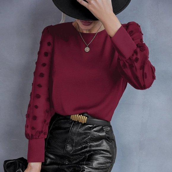 MODA ME COUTURE | Tops | Burgundy Long Swiss Dot Bishop Sleeved Blouse ...